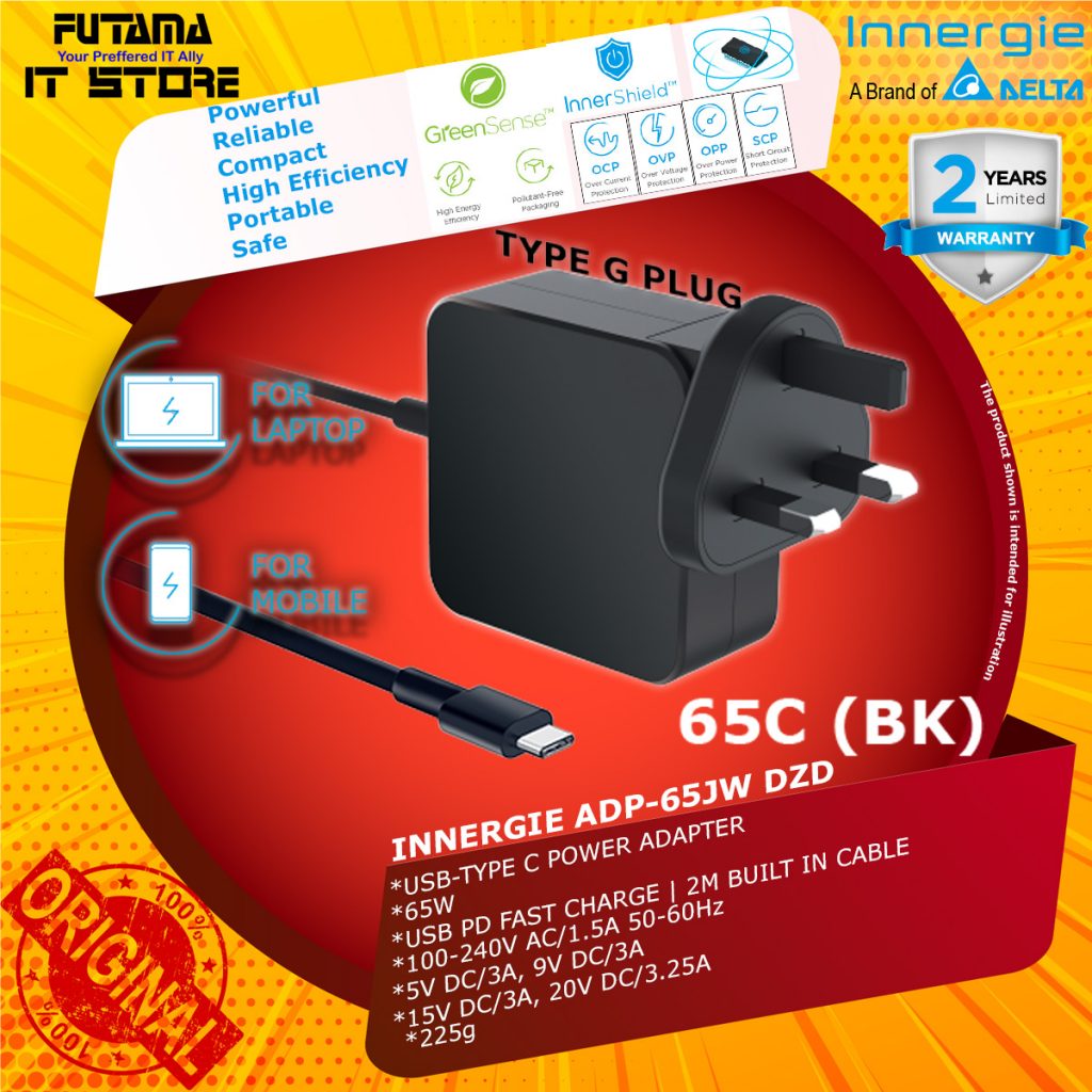 Innergie 65C (BK) USB-C Power Adapter 65W with USB PD Fast Charge 2m ...
